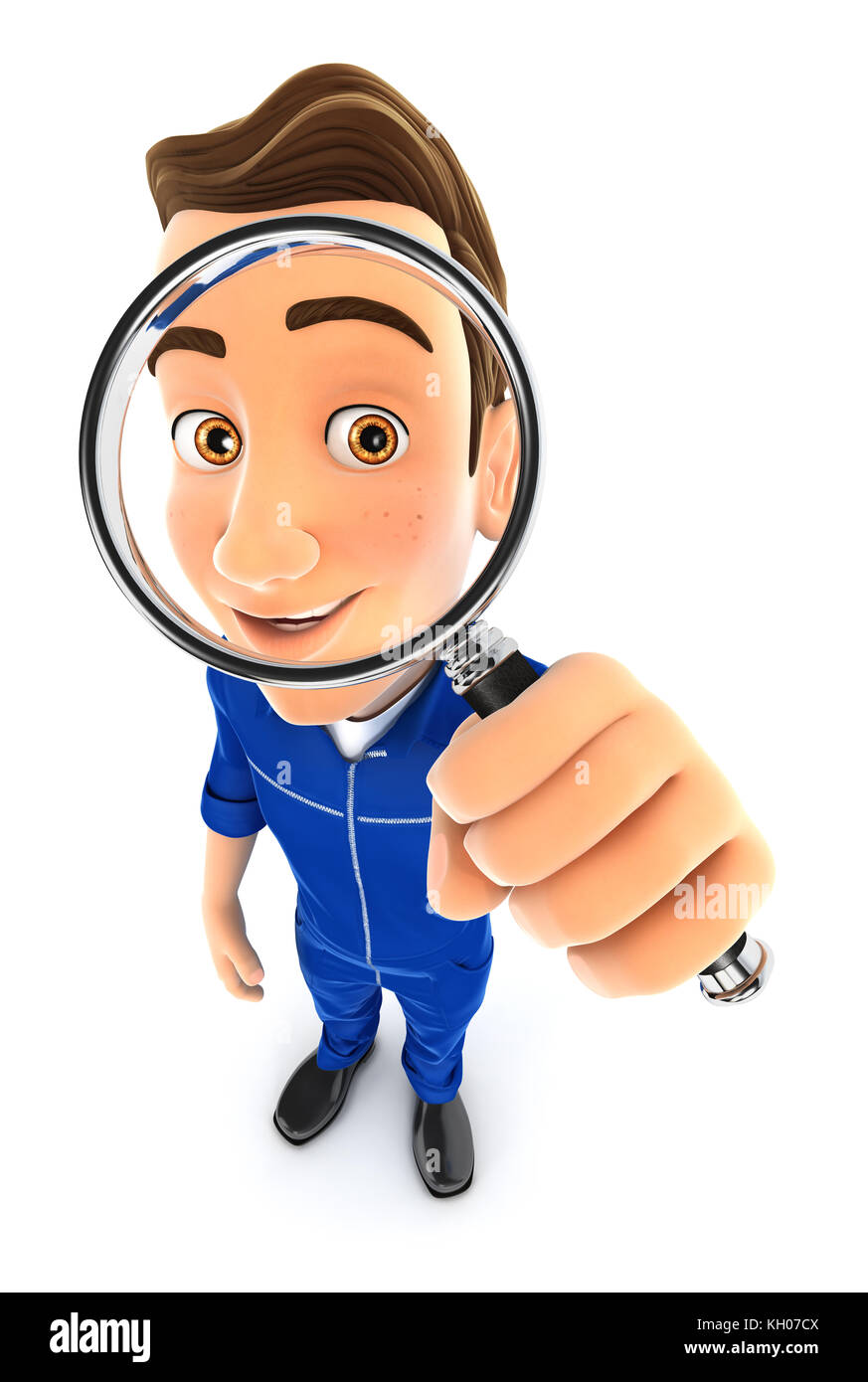 3d mechanic looking into a magnifying glass, illustration with isolated ...