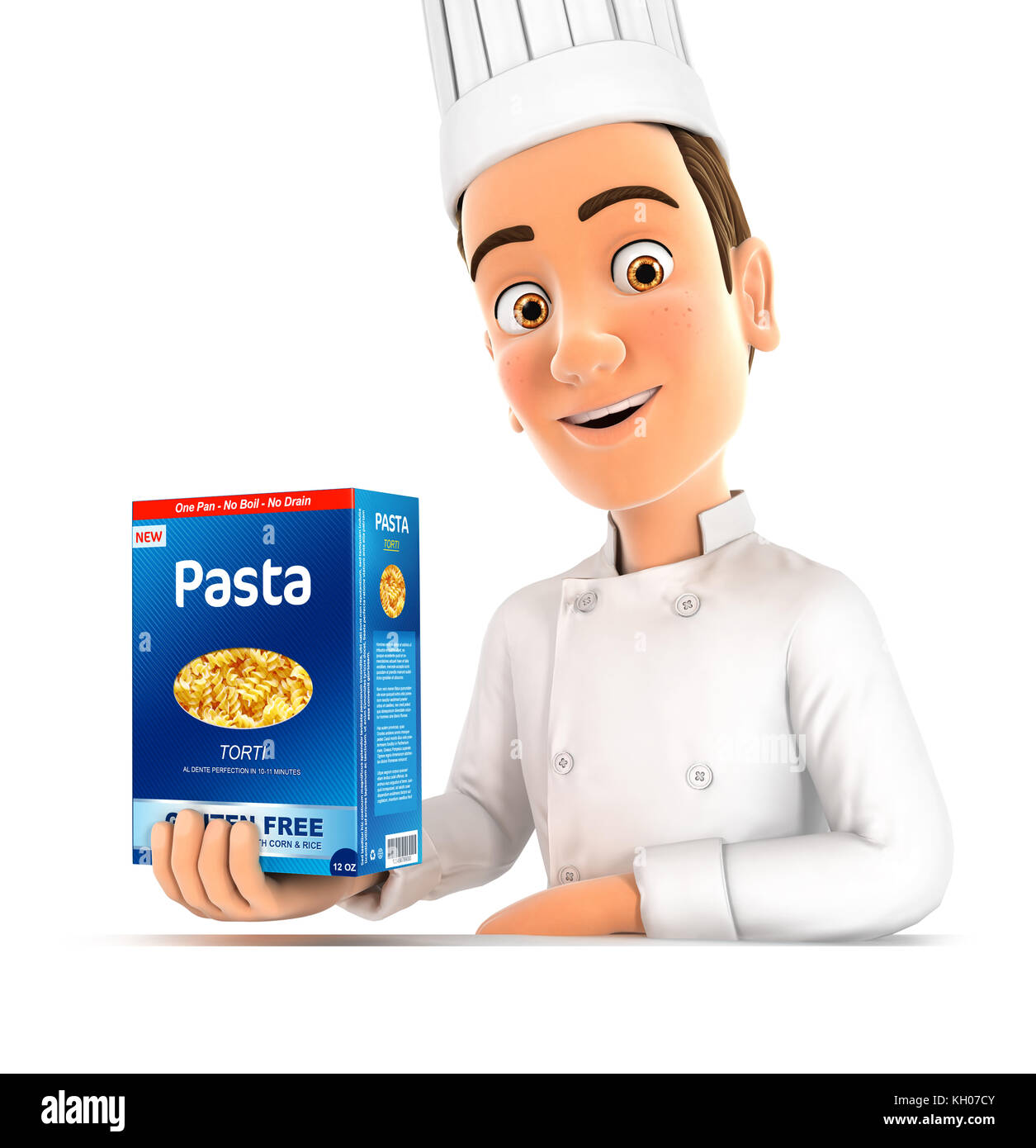 3d head chef presenting pack of pasta, illustration with isolated white ...