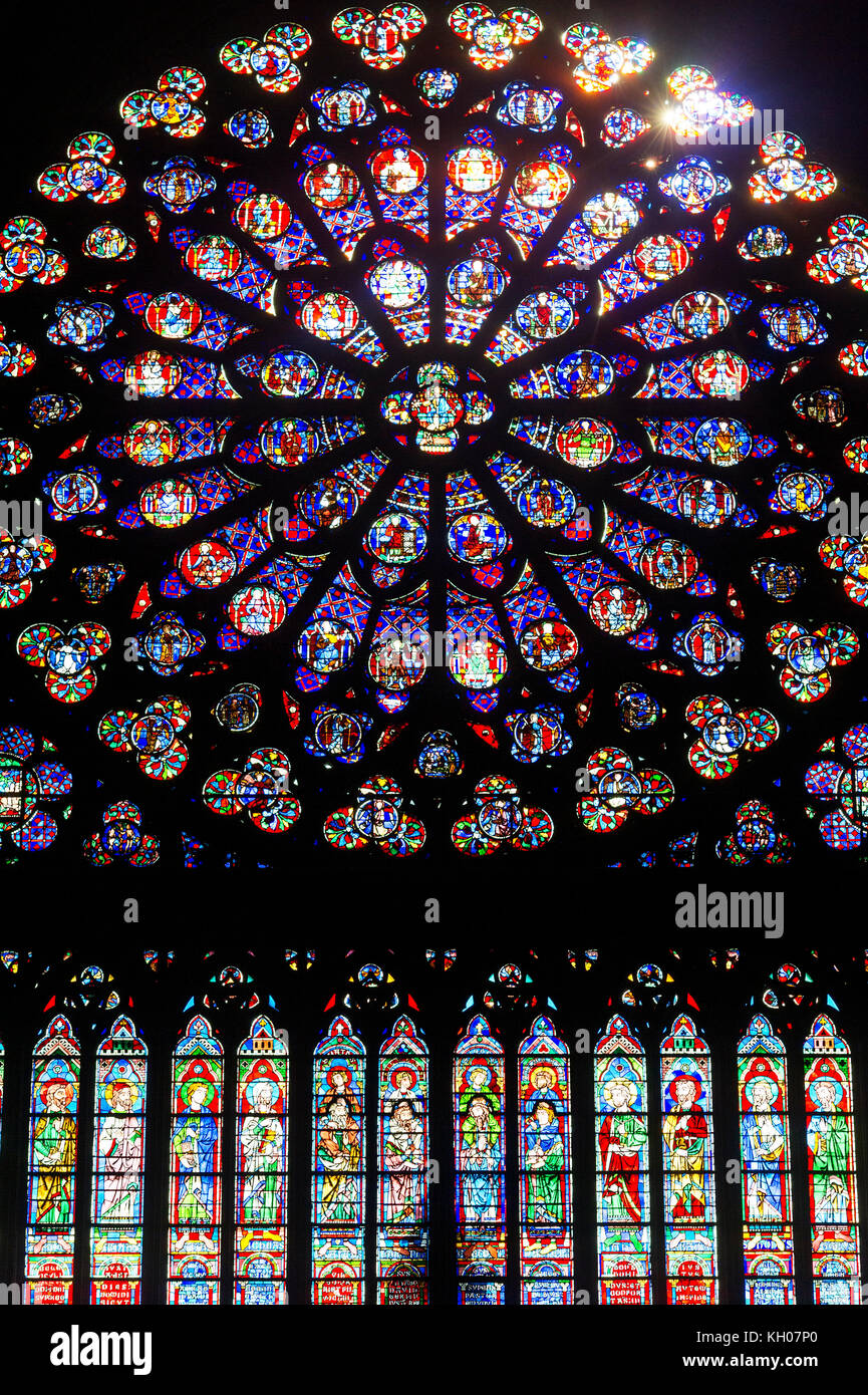 France. Paris (75), 4th Dist. Notre-Dame cathedral. Stained glass ...