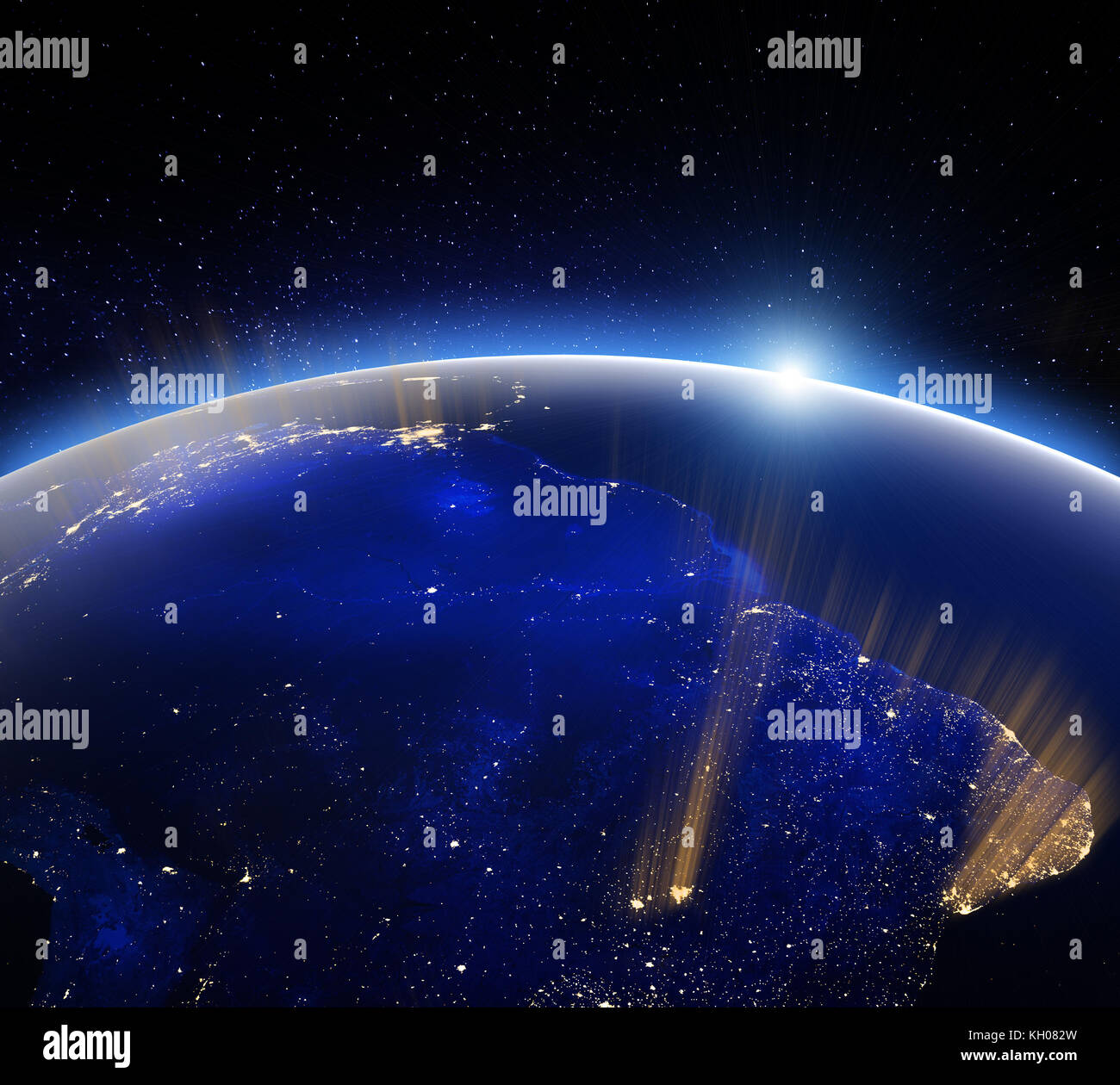 Earth globe at night. 3D Rendering. Stars my own photo. Elements of ...