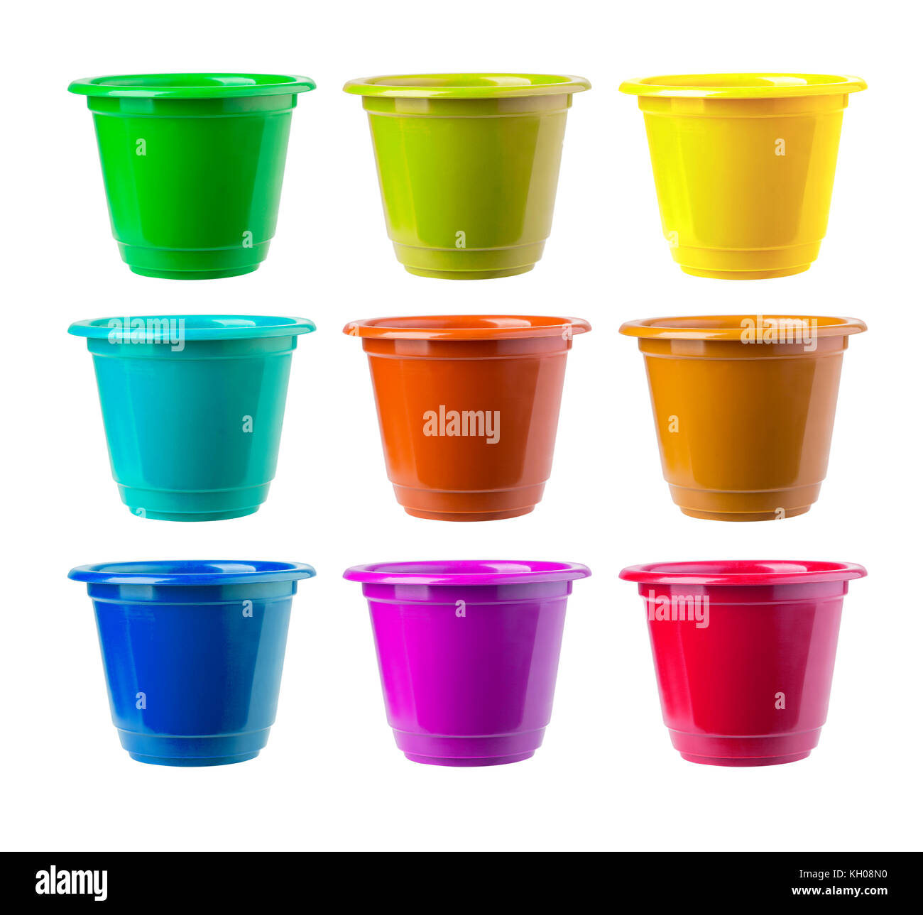 Row of empty flower plant pots in different colors Stock Photo - Alamy