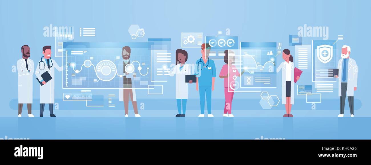 Diverse Doctors Group Use Virtual Computer Screen With Digital Buttons ...