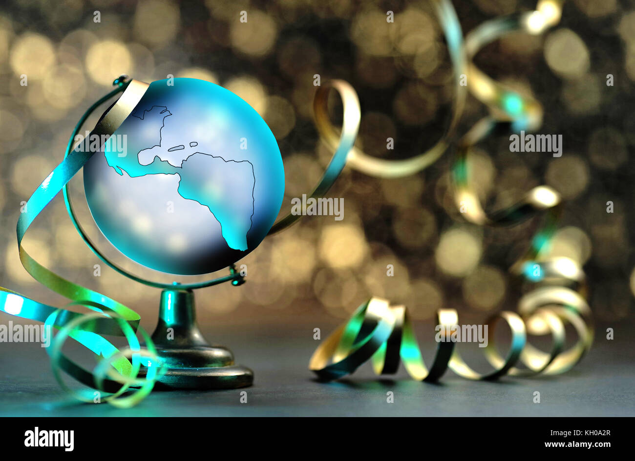 Glass globe over abstract background. Concept of global Happy New Year ...