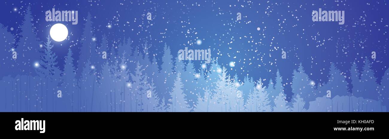 Winter Forest Landscape Over Night Sky Full Of Starts Horizontal Banner ...