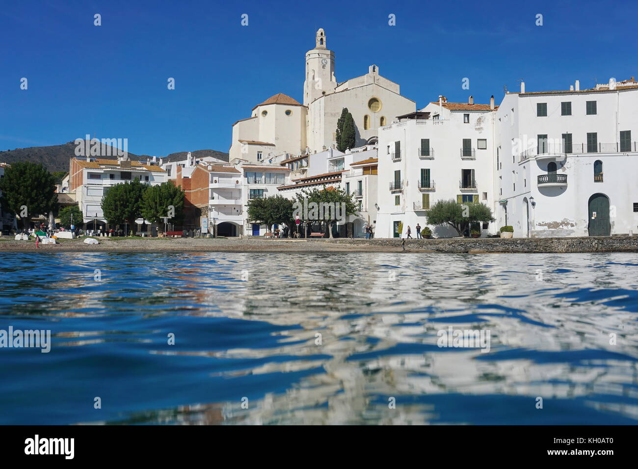 Cadaques old village on the Mediterranean coast, beach with houses and ...