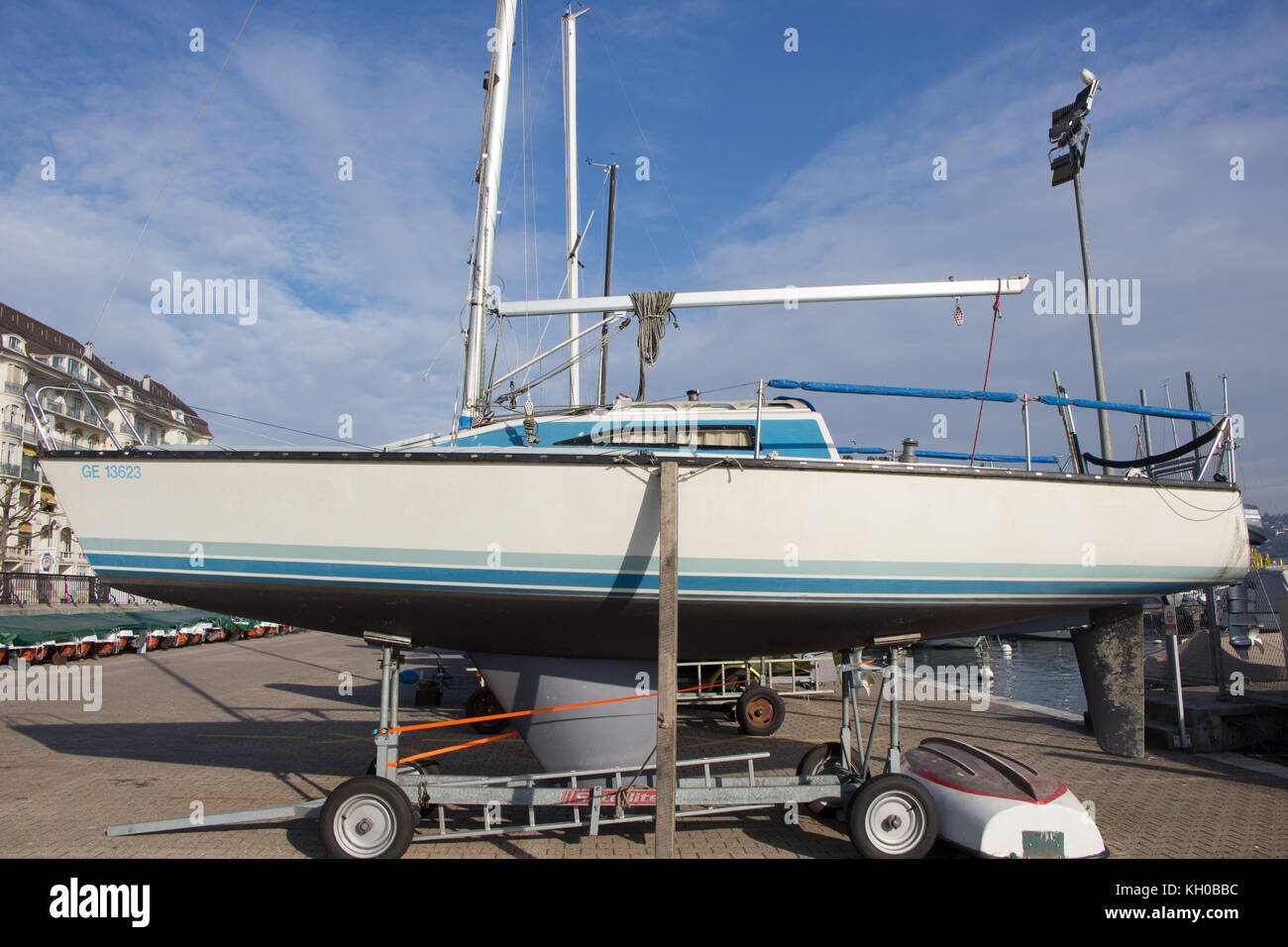 boat stood up at a docking yard dock Stock Photo - Alamy