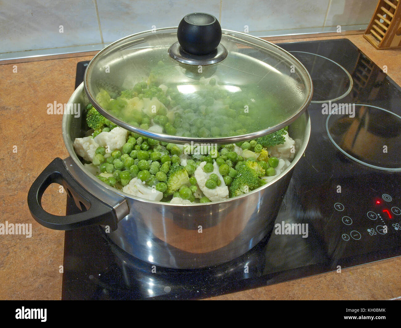 Making vegetable stew in stainless steel pot on ceramic surface of ...