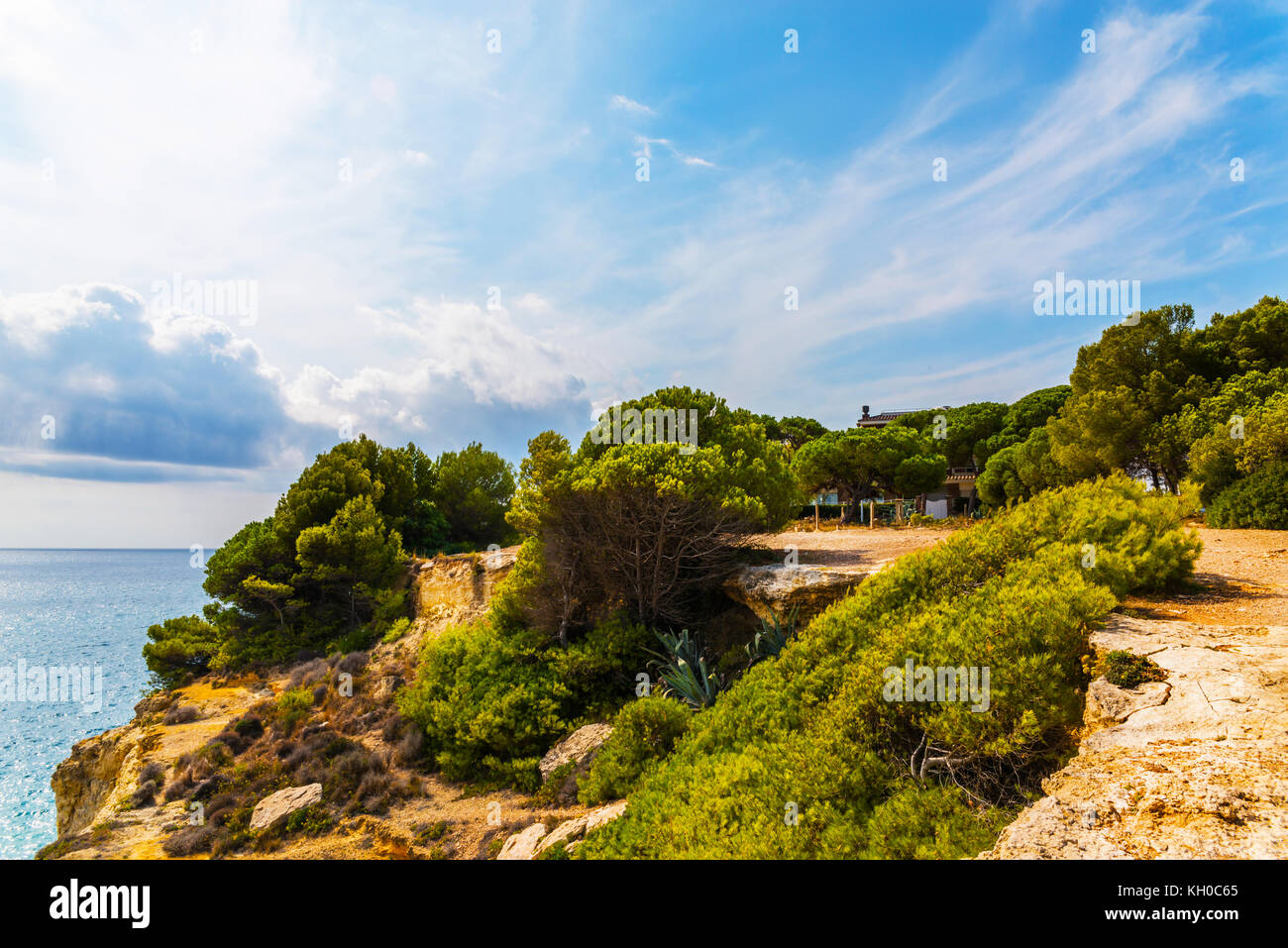 high cliff above the sea, summer sea background, many splashing waves ...
