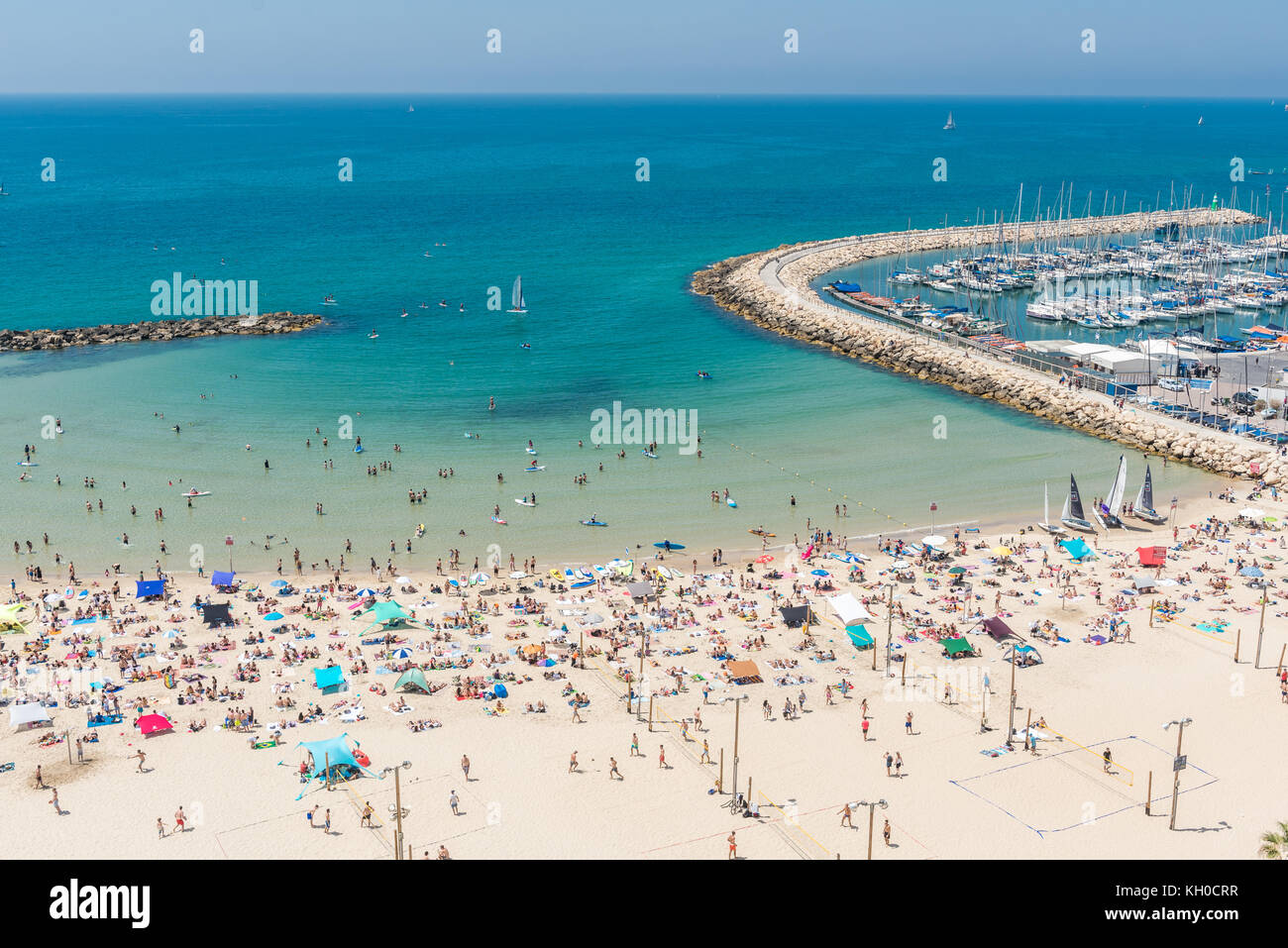 Israel, Tel Aviv-Yafo - April 4, 2017: Beach next to the marina in Tel ...