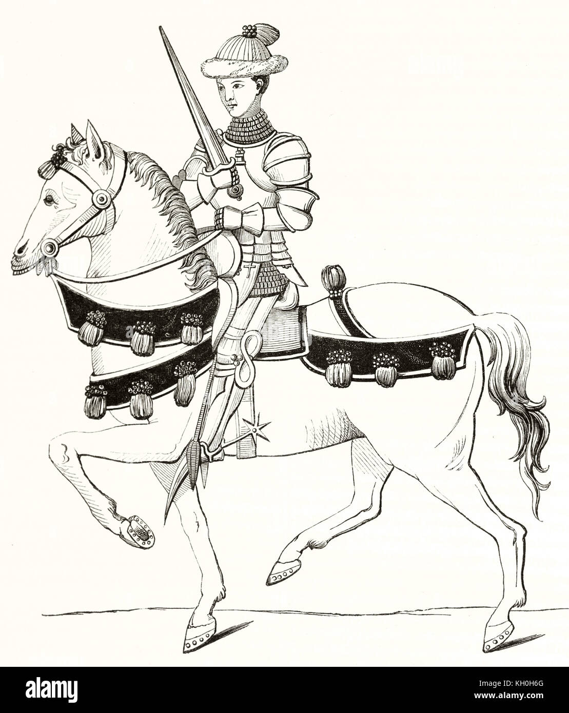Old illustration depicting a 15th century army captain horseback. After ...