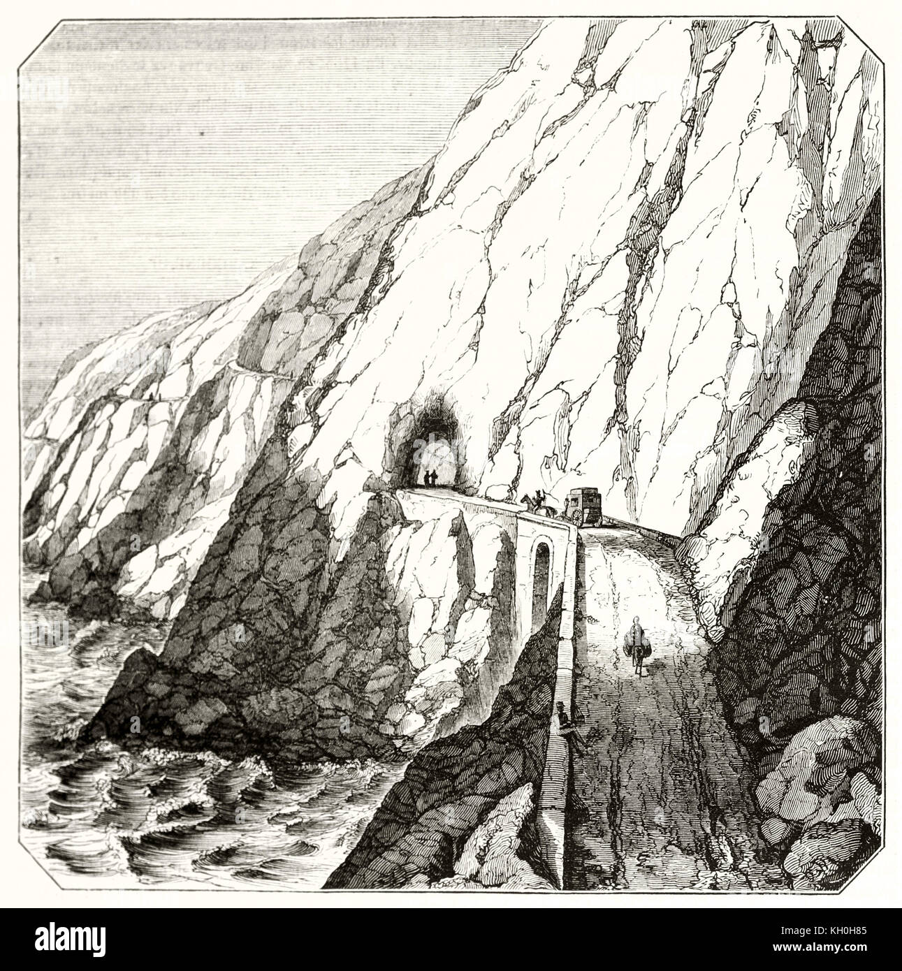 Old view of corniche road between Nice and Genoa, Italy. By ...