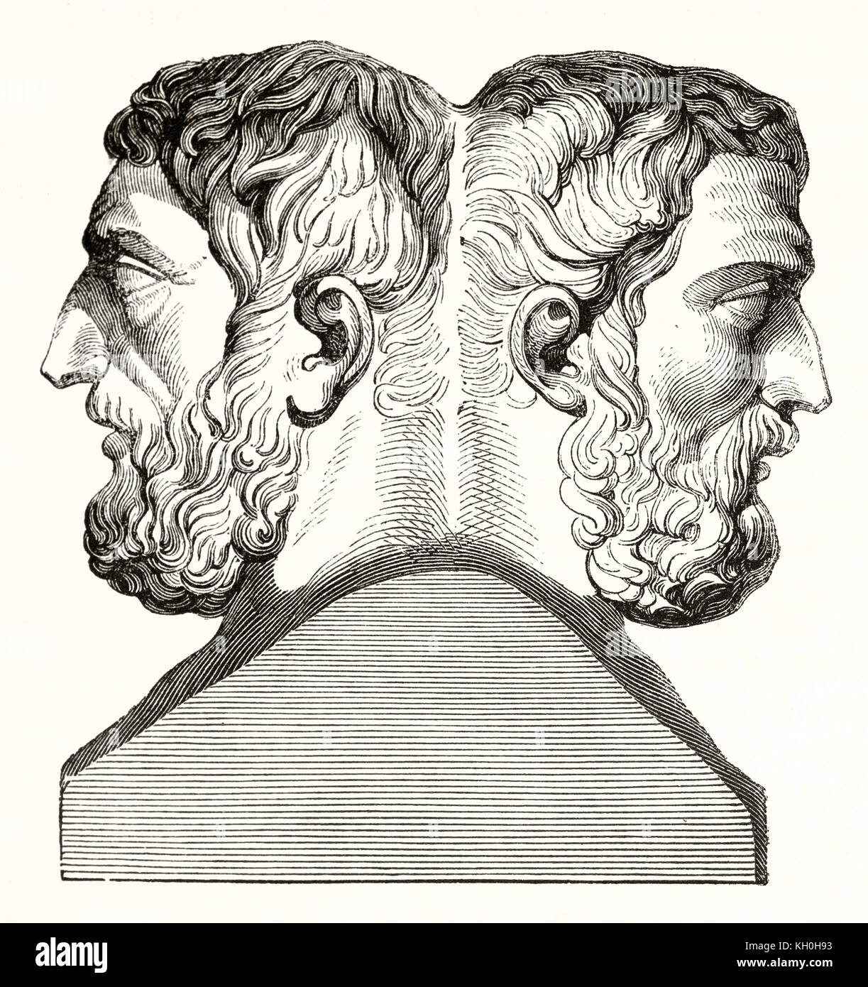 Old engraved reproduction of Hermes-type bust of Epicurus and ...