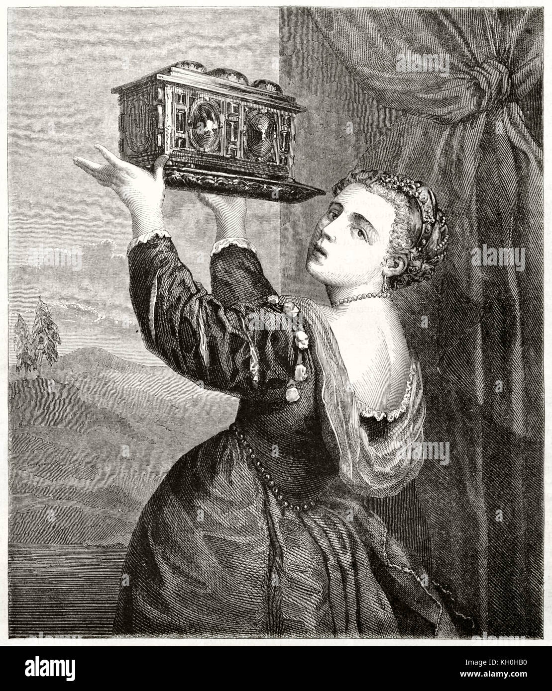Old reproduction of a painting by Titian depicting woman holding casket ...