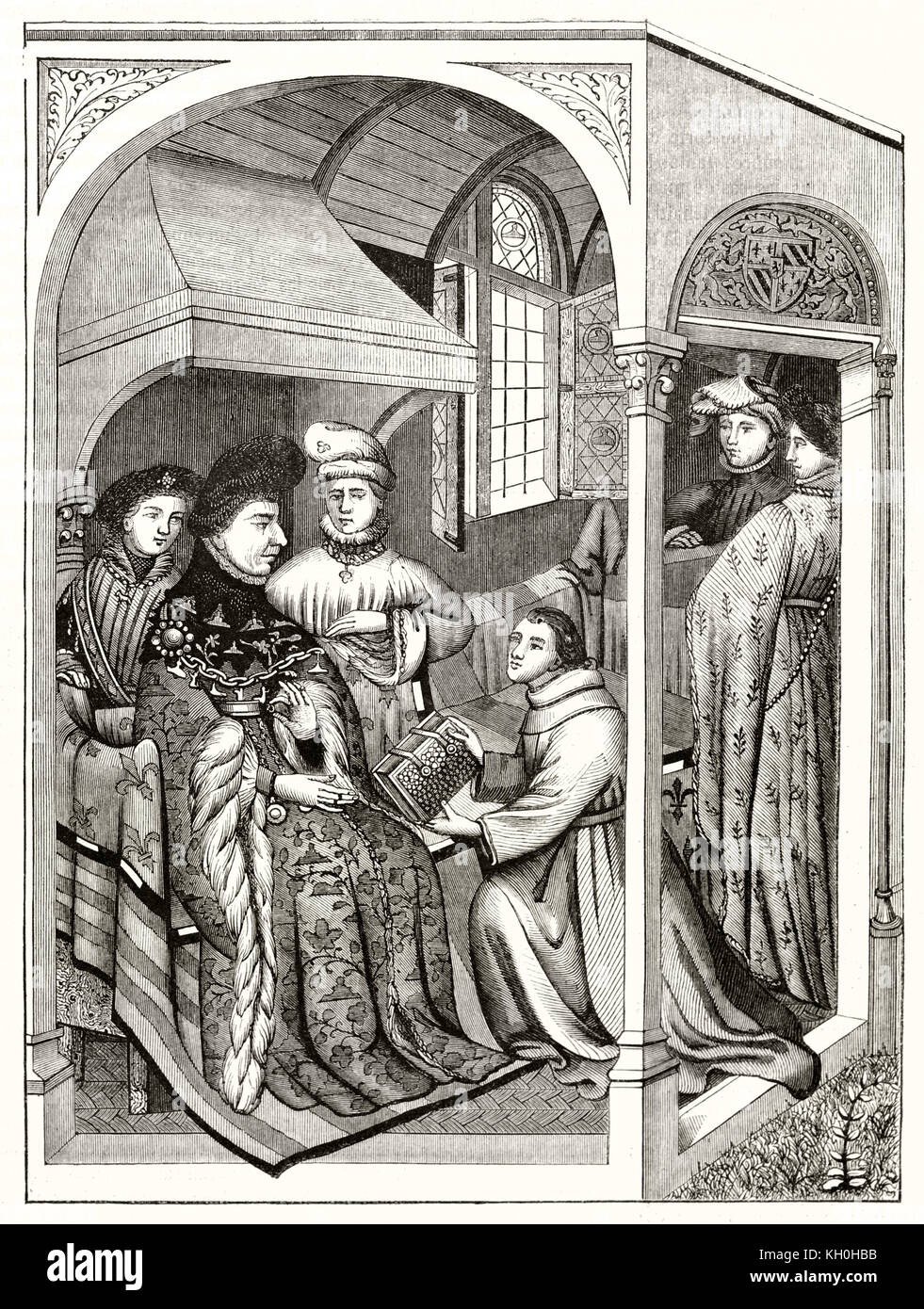 Reproduction of 15th century image depicting book presentation to John ...