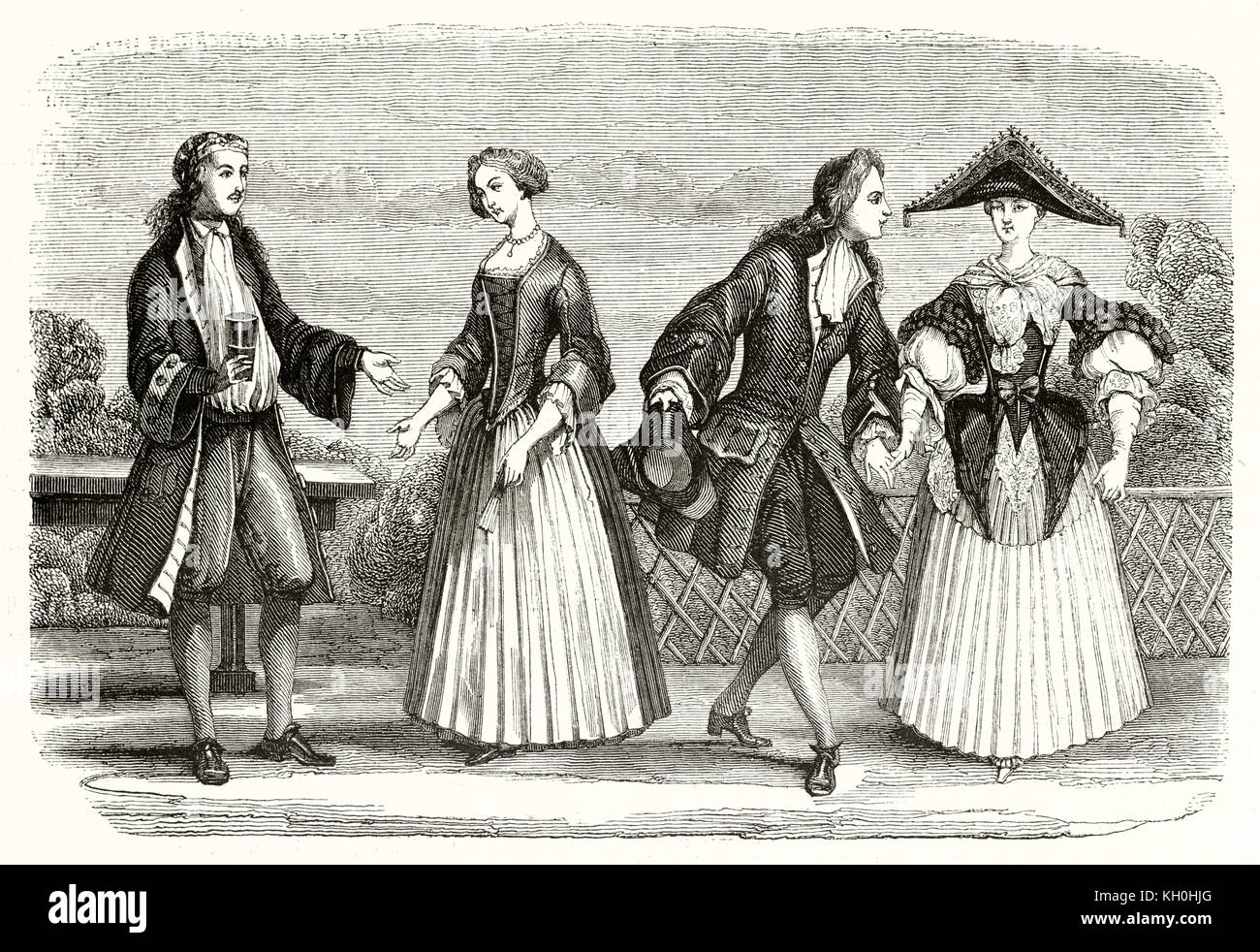 Old illustration depicting Strasbourg fashion in 1706. By unidentified ...