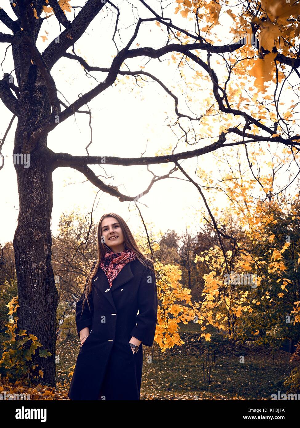 The girl is standing next to a huge oak tree. There are many fallen ...