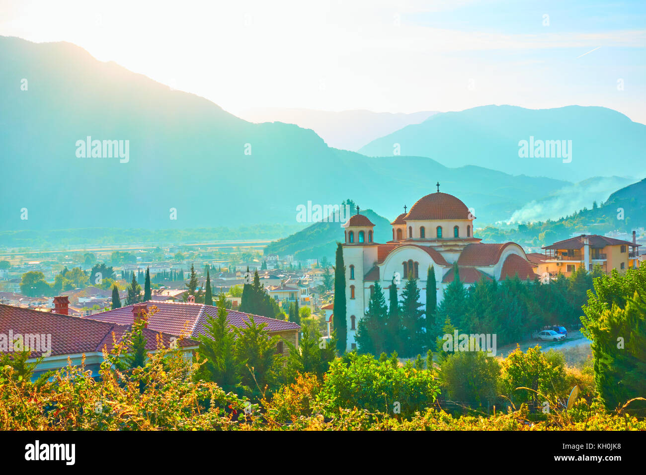 Rural evening landscape with Greek orthodox church near Kalambaka town ...