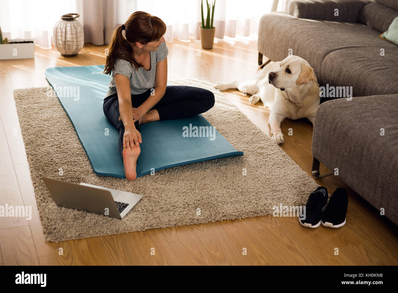 Shot of a woman doing exercise at home with her dog Stock Photo - Alamy