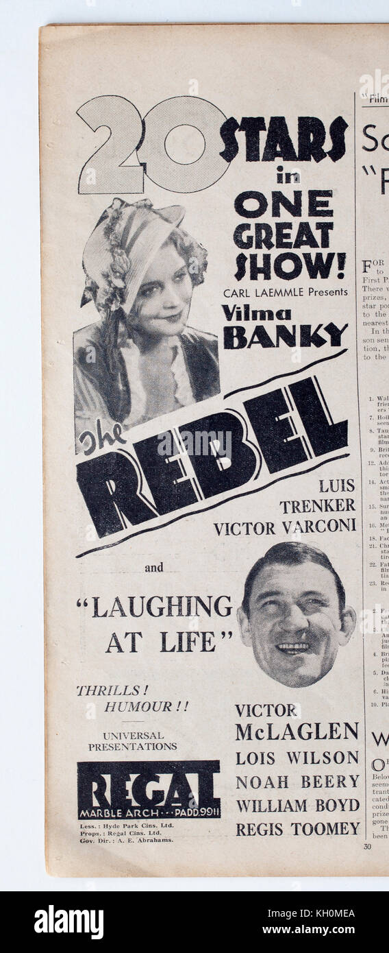 Advertsing Page in 1930s Film Weekly Magazine Regal Marble Arch London ...