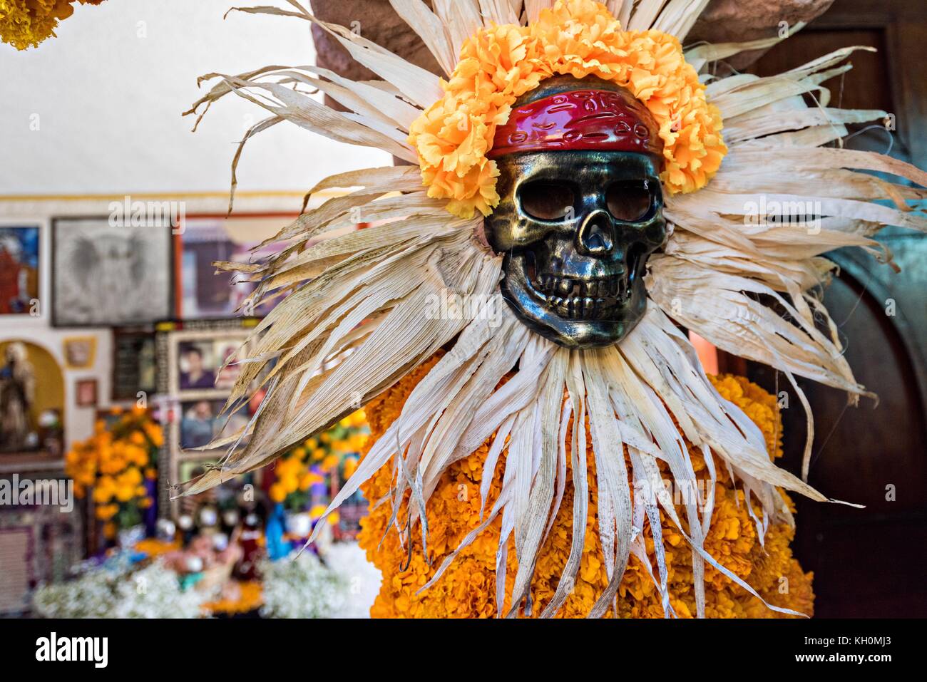 A decorated skeleton figure inside the Temple of Nuestra Señora de la ...