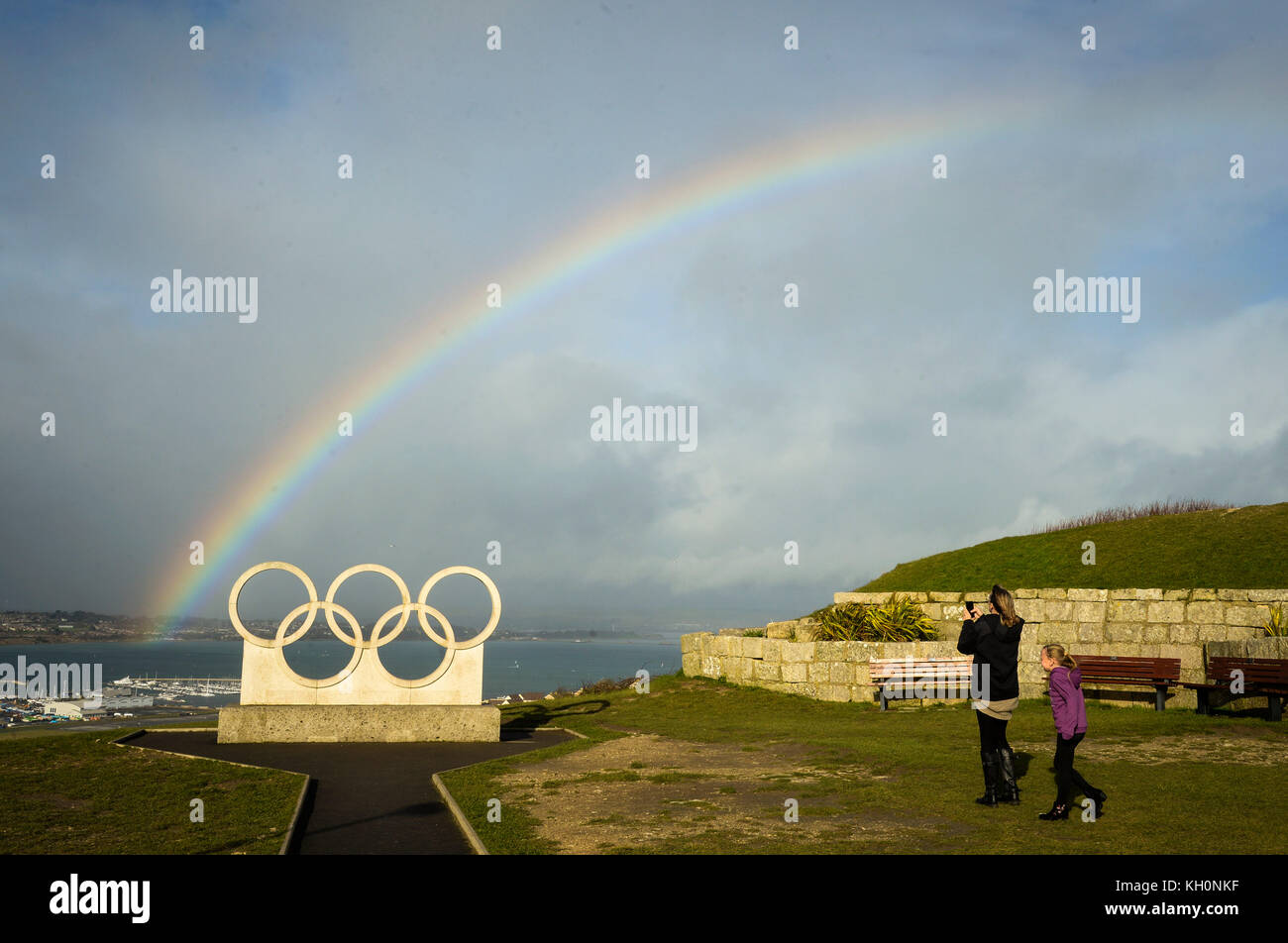 Rainbow over Olympic rings sculpture and Weymouth and Portland, Dorset ...