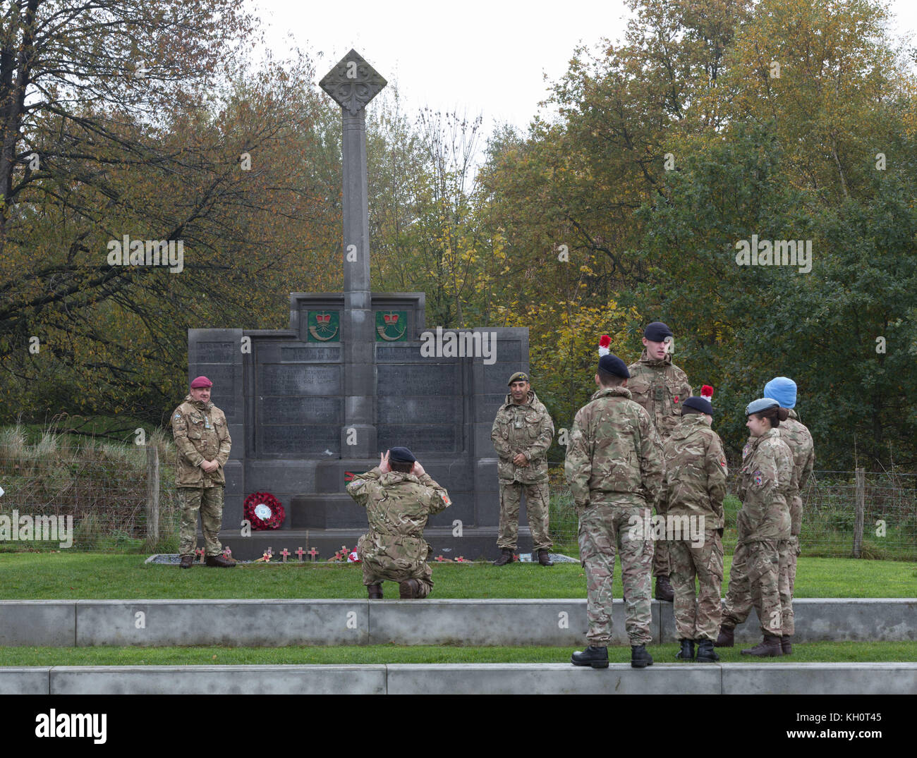 Ypres, Belgium, November 11, 2017: British soldiers pose in front of a ...