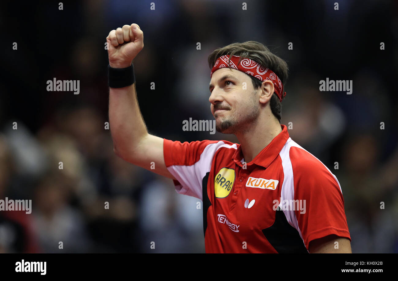 Magdeburg, Germany. 12th Nov, 2017. Germany's Timo Boll celebrates his ...