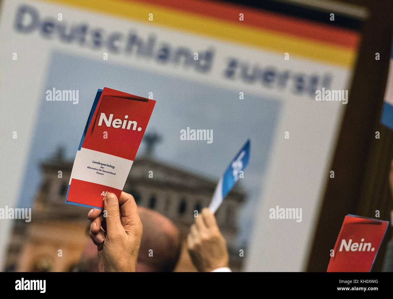 Giessen, Germany. 12th Nov, 2017. Delegates hold up voting cards during ...