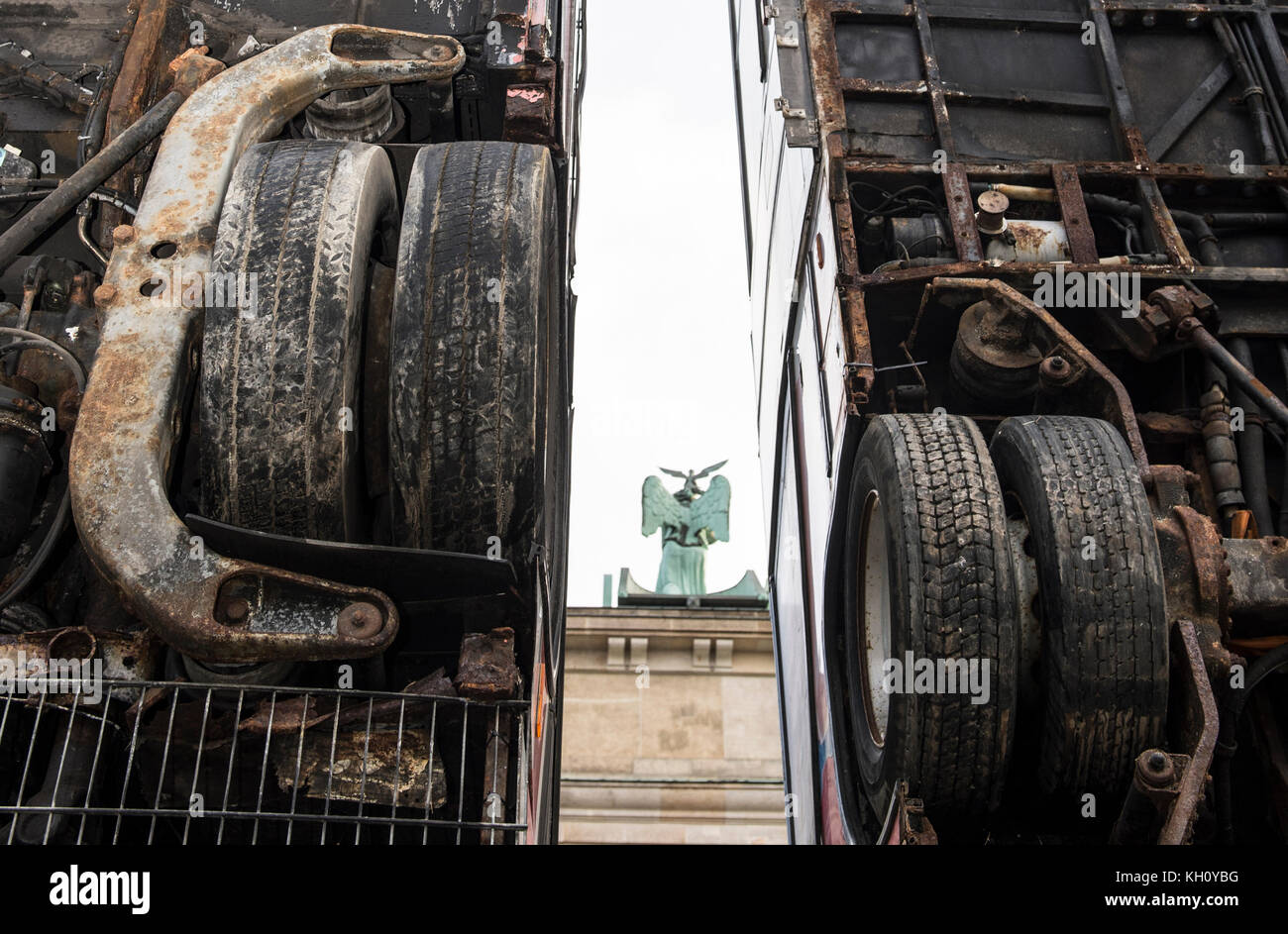Berlin, Germany. 12th Nov, 2017. Three discarded buses rise to the sky ...