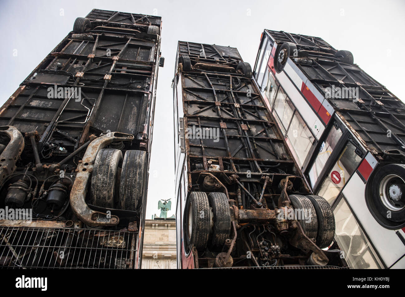 Berlin, Germany. 12th Nov, 2017. Three discarded buses rise to the sky ...
