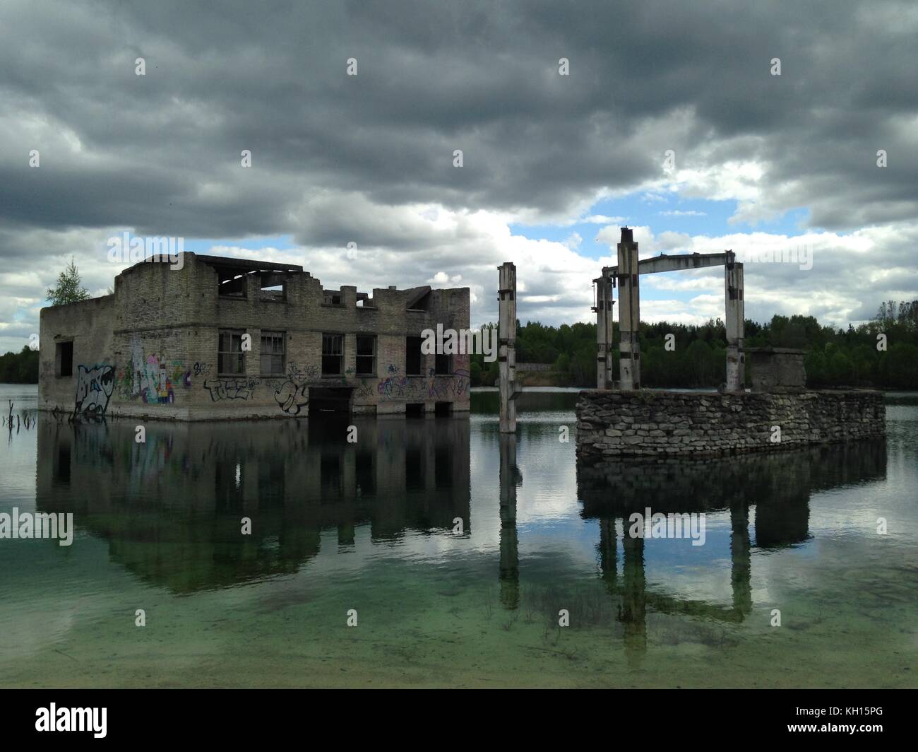 RUMMU KARJÄÄR, ESTONIA MAY 2016 - Shot over Rummu quarry, an abandoned ...