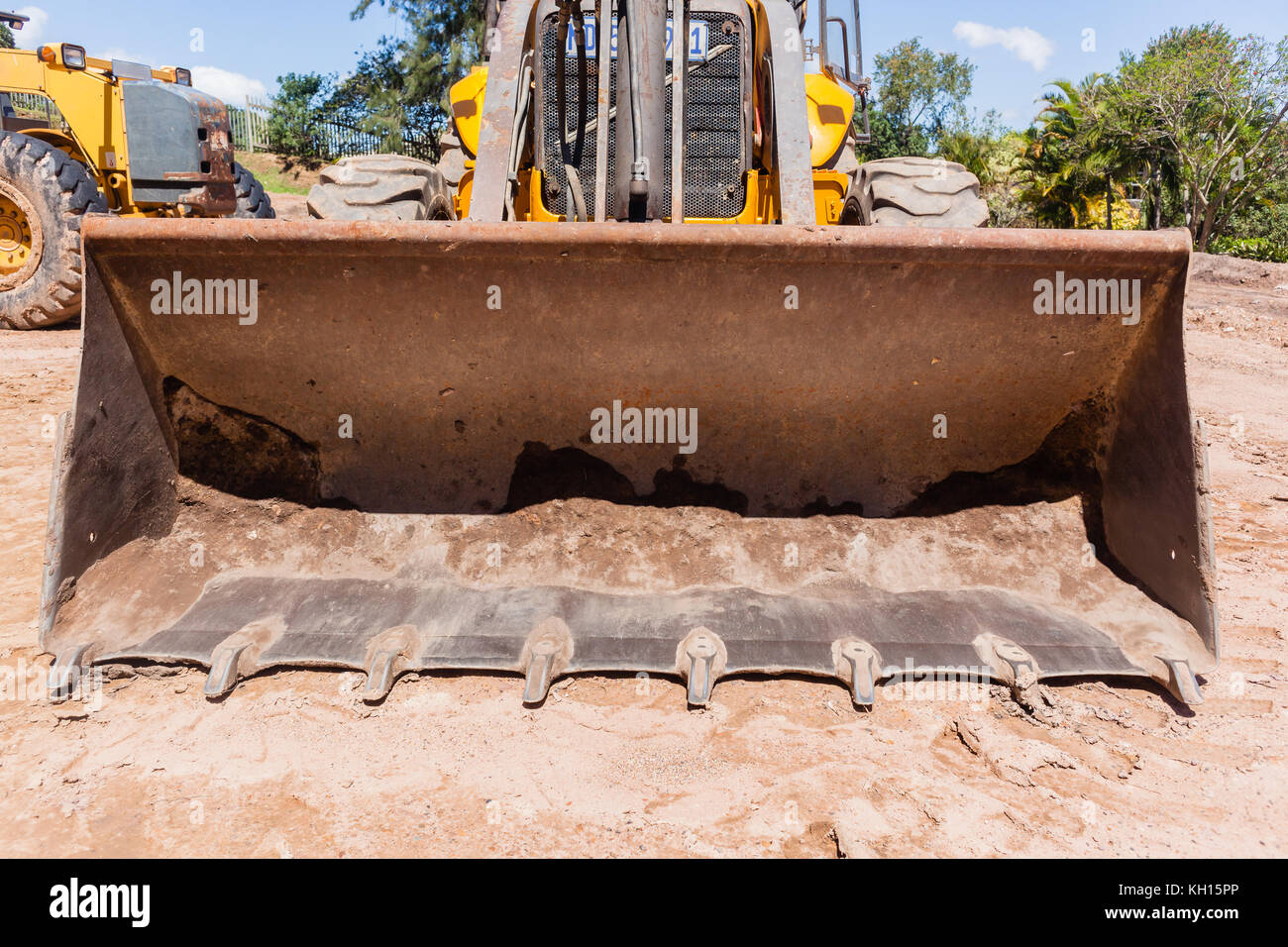 Industrial earthworks grader bucket scoop closeup machine on ...