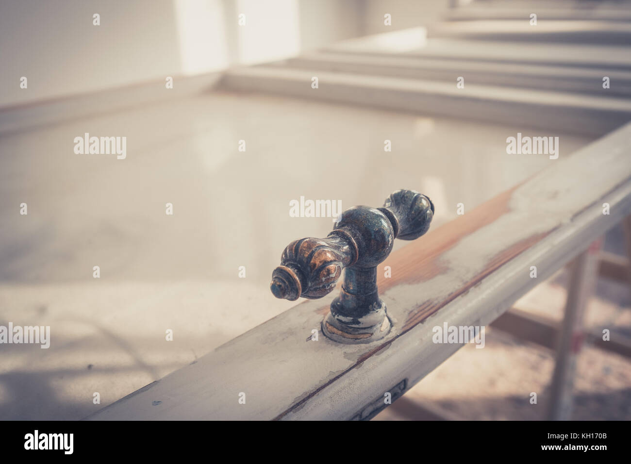 wooden window during renovation closeup, old handle Stock Photo - Alamy