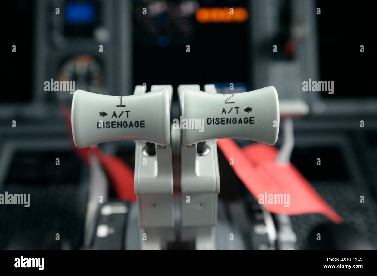 Close up view on engine power control of an aircraft Boeing 737-400 ...