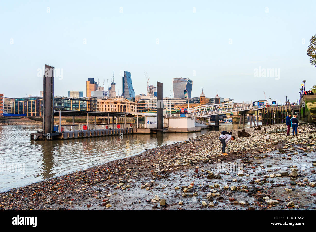 Bankside Pier, London, UK, seen from the Thames foreshore at low tide ...
