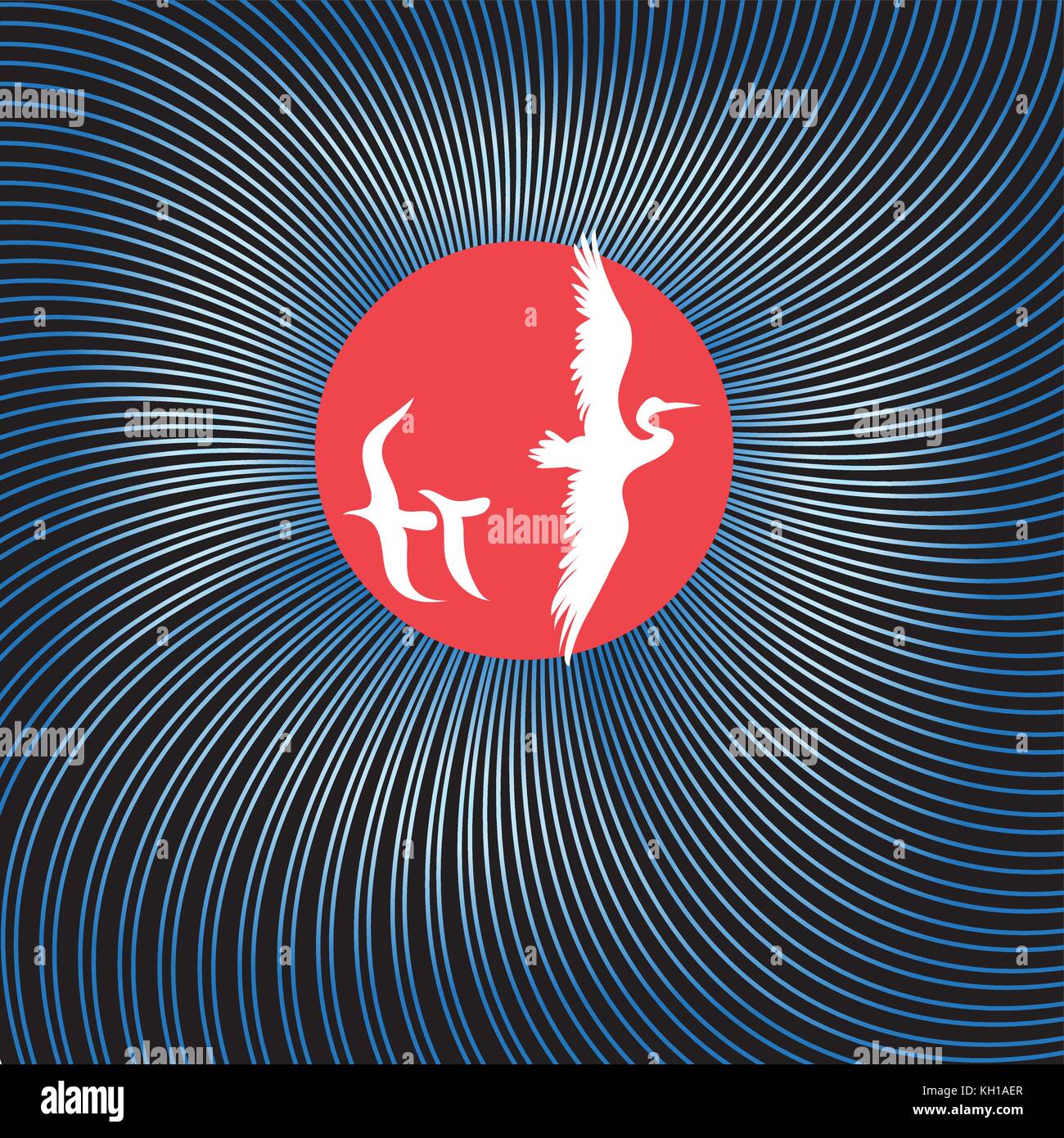Graphic picture with the sun and birds on a linear luminous background ...