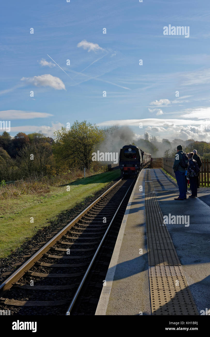 Steam train arriving at platform, passengers waiting behind tactile ...