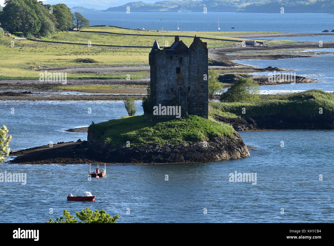 Castle Stalker, taken from the viewpoint at low tide. Appin, Scotland ...