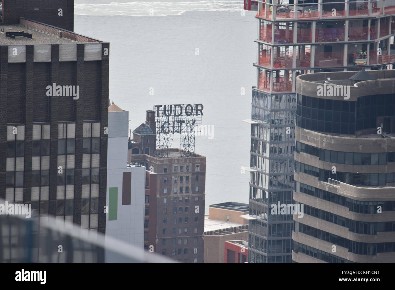Tudor City sign, standing alongside construction work of a new ...