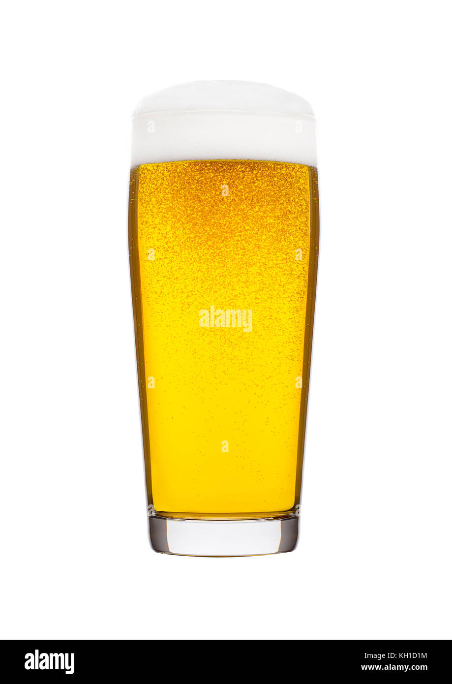 Cold glass of lager beer with foam and bubbles isolated on white ...