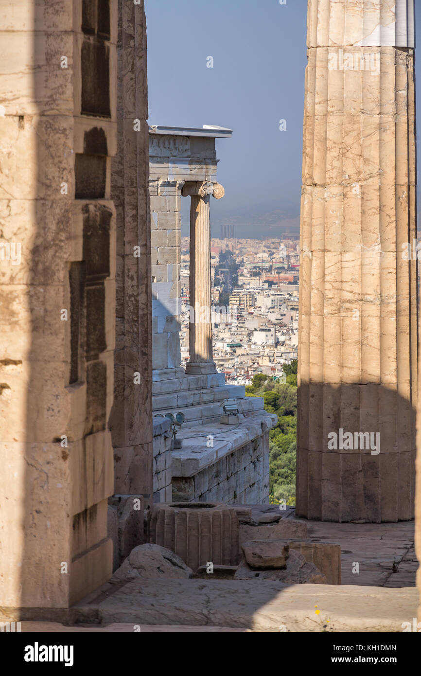View through marble columns of the Parthenon through the Propylaea ...
