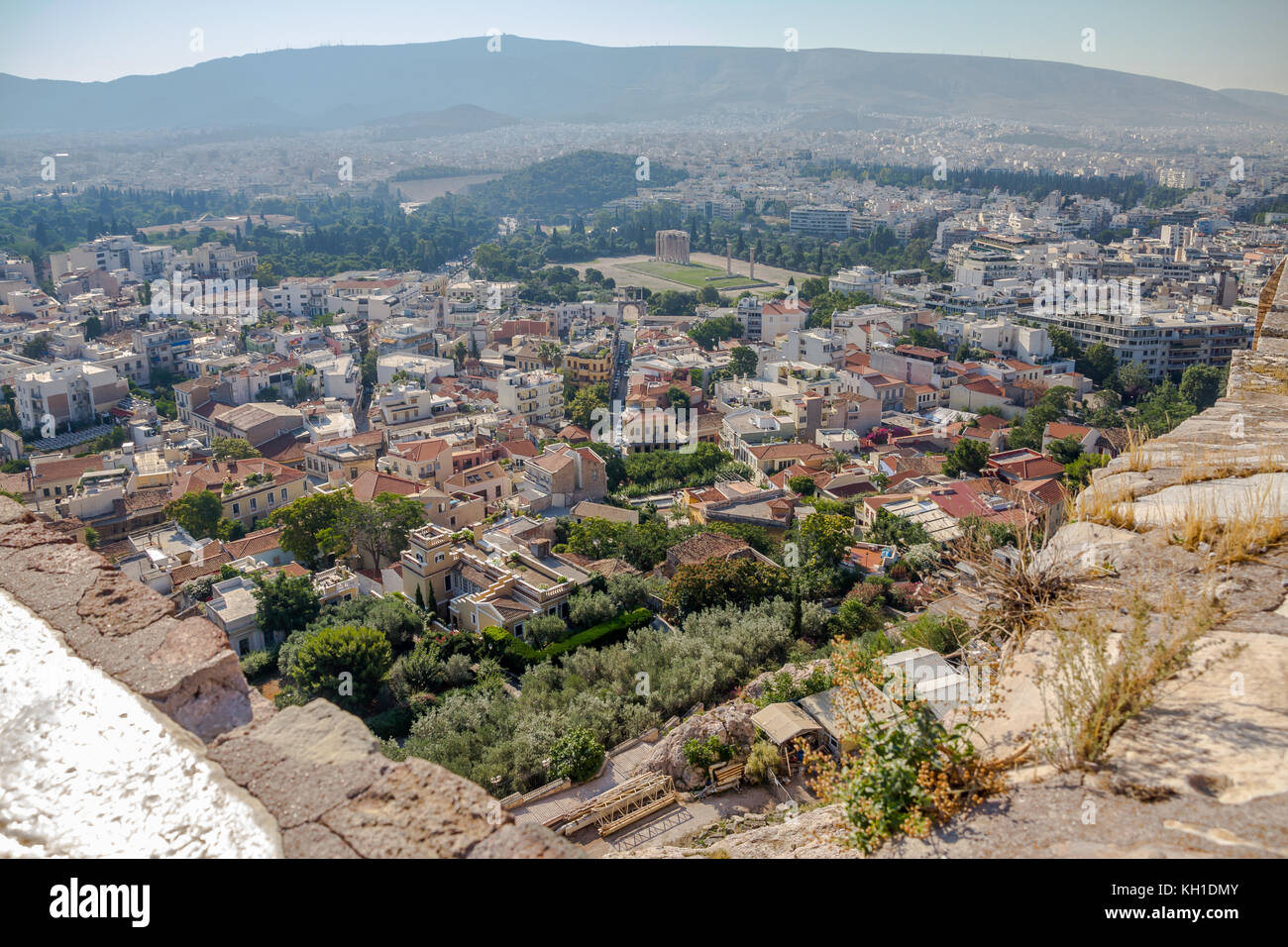 Looking down from the Acropolis to the cityscape of modern Athens and ...