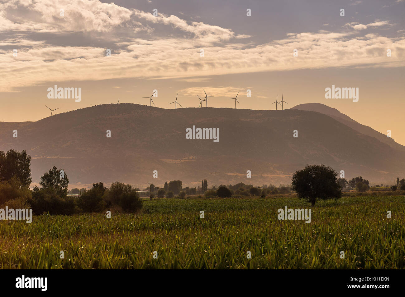 high hill landscape with wind turbines power energy for life Stock ...