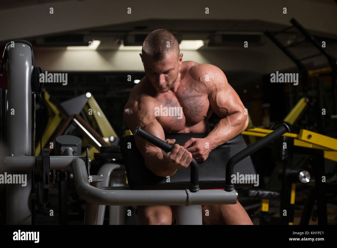Muscular Fitness Bodybuilder Doing Heavy Weight Exercise For Biceps On ...