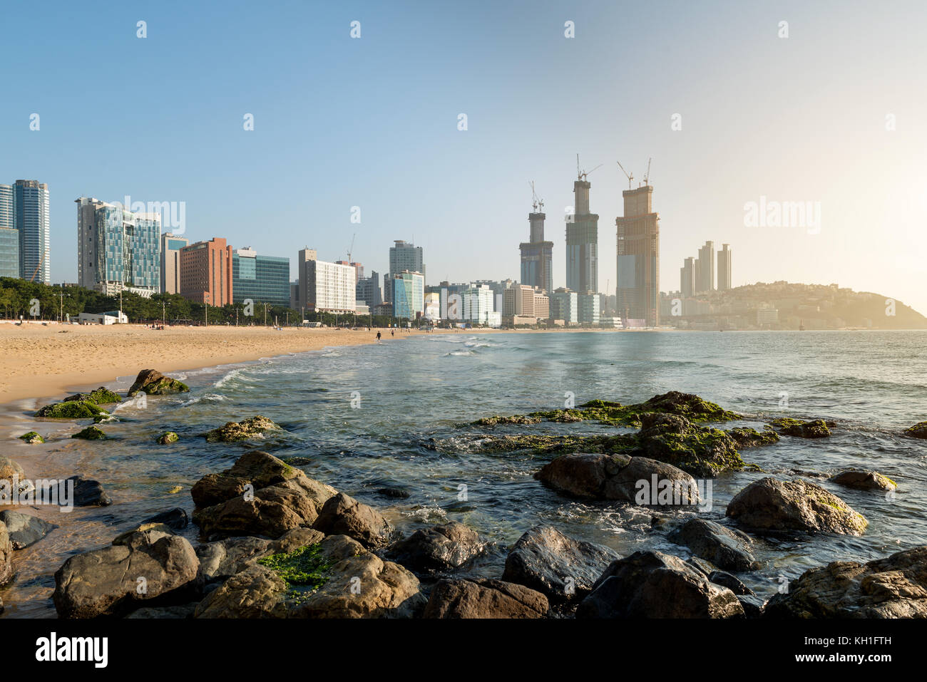 View of Haeundae beach. Haeundae beach is Busan's most popular beach in ...