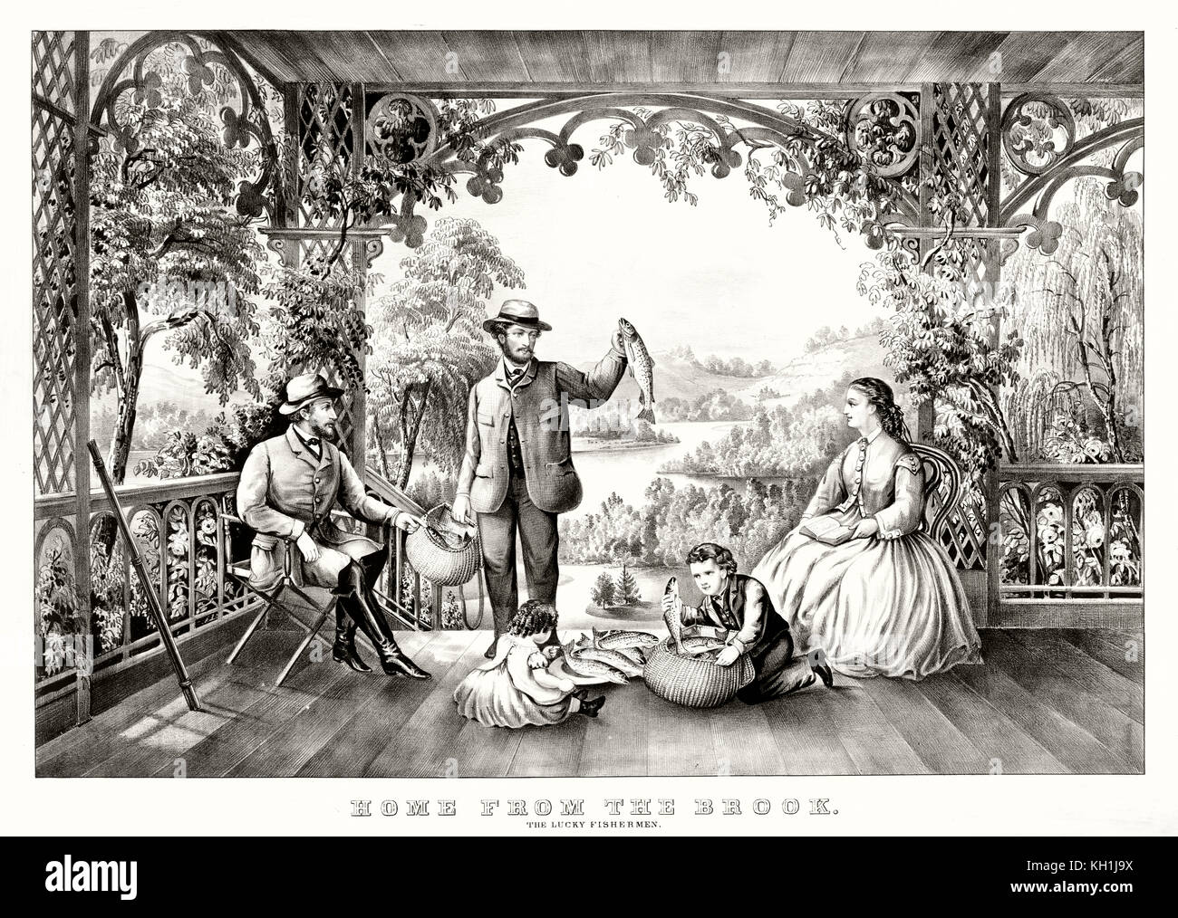 Old illustration depicting fishermen back home after lucky fishing. By ...