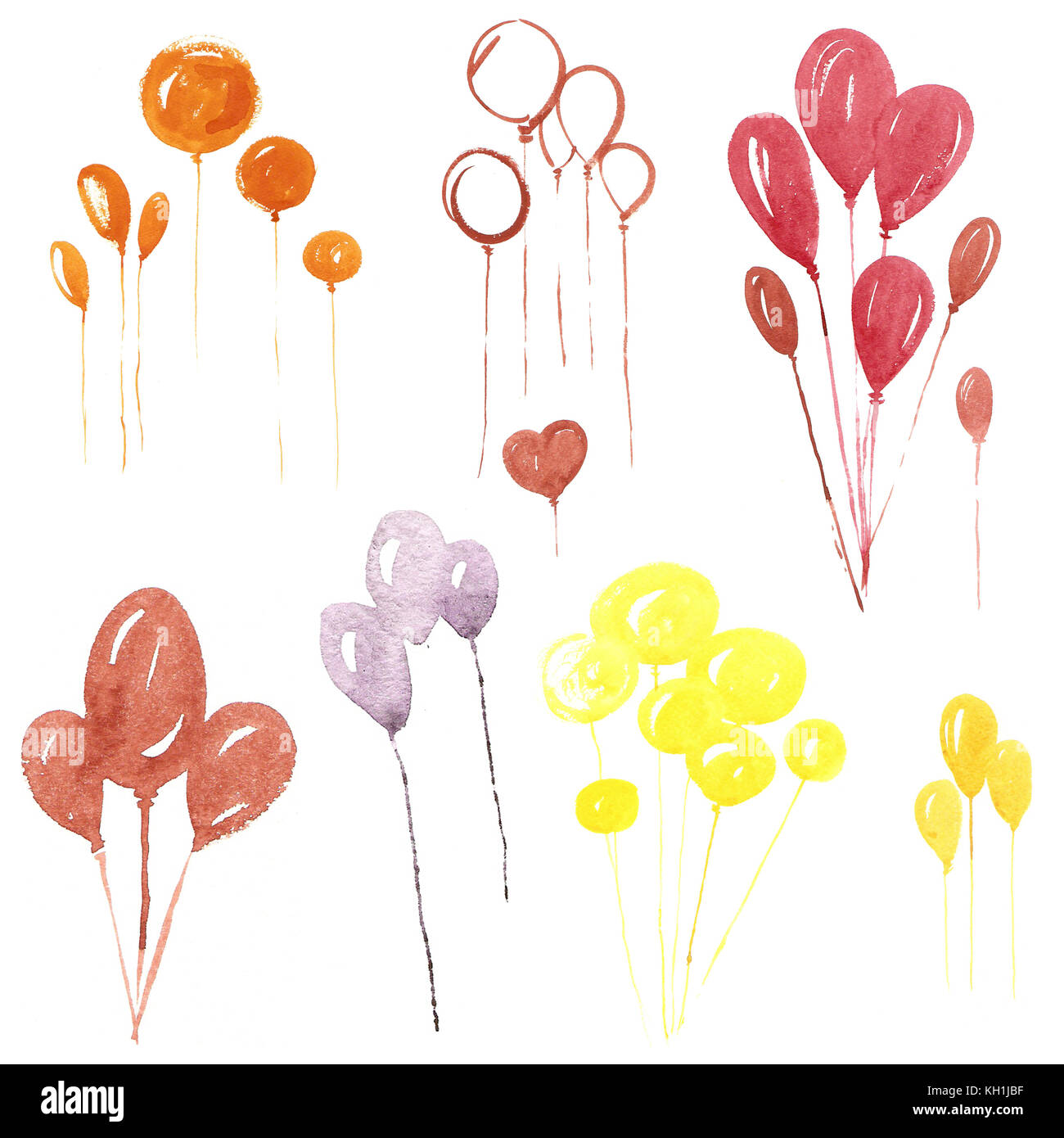 Balloons. Watercolor set. Isolated on white background. Hand drawn ...