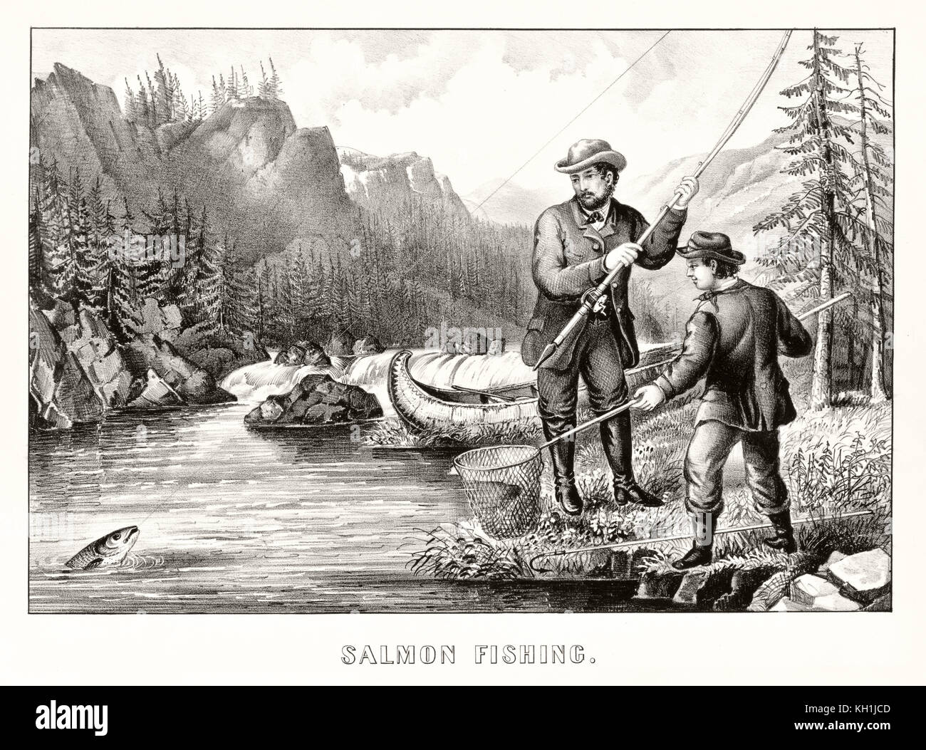 Old illustration depicting man and boy salmon fishing. By Currier ...