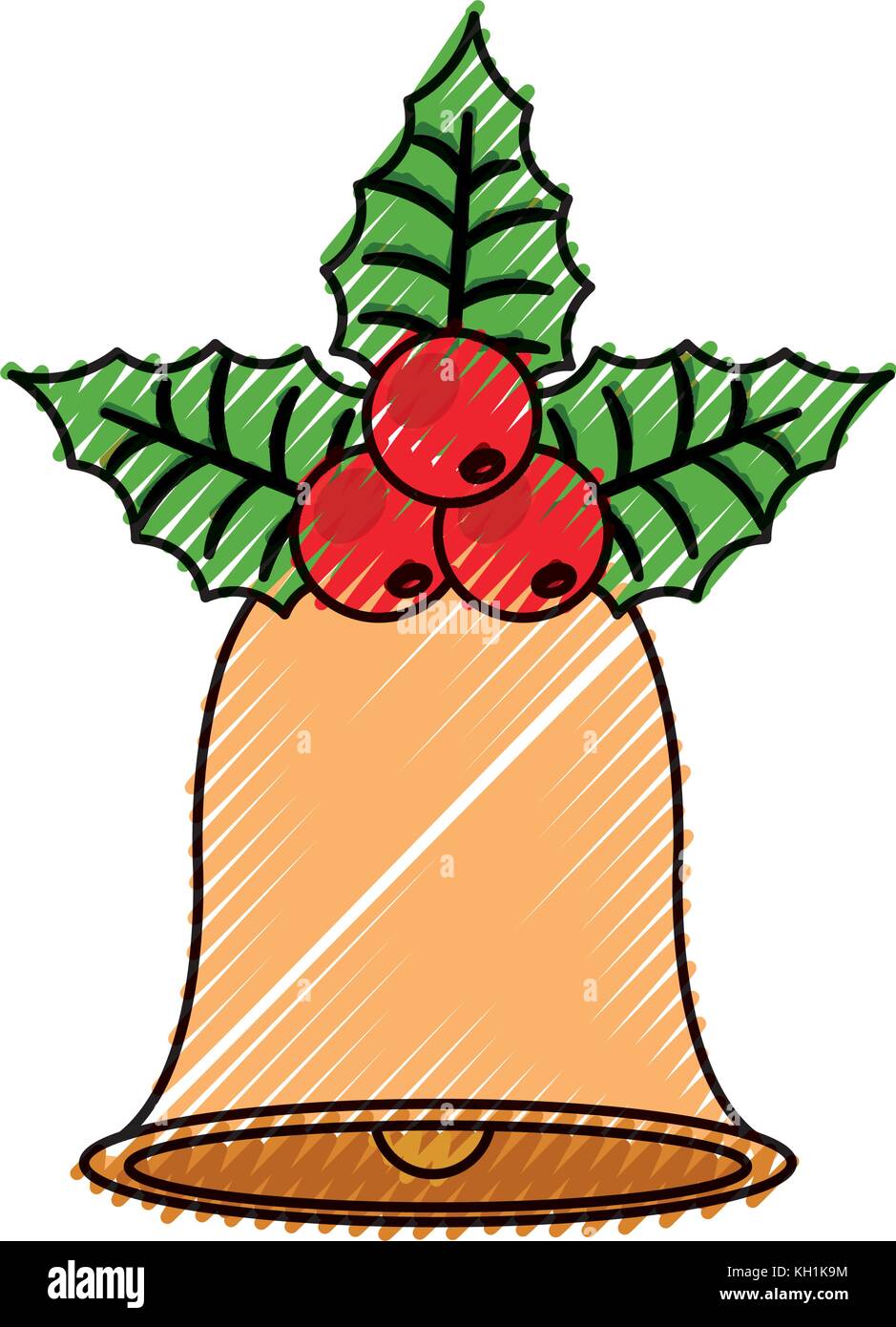 flat line colored christmas bell doodle over white background vector ...