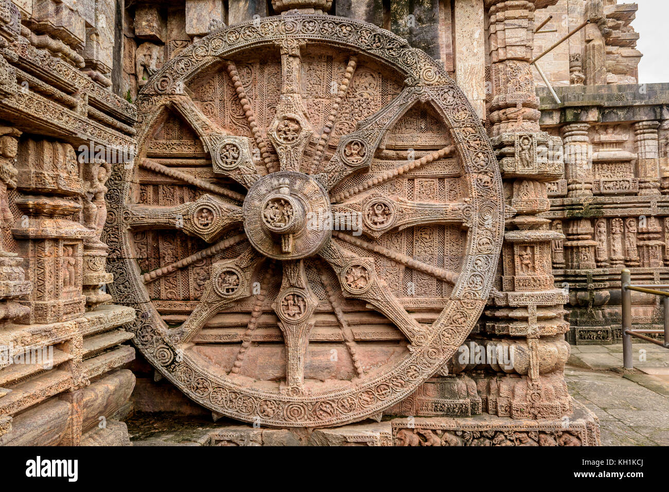 Close up of Intricate carvings on a stone wheel in the ancient Hindu ...